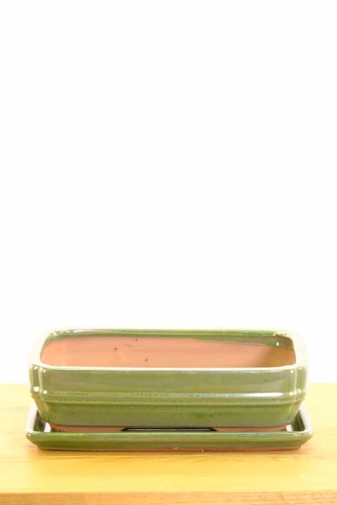 16cm (6 inch) Olive Green Fluted rectangular ceramic pot & tray