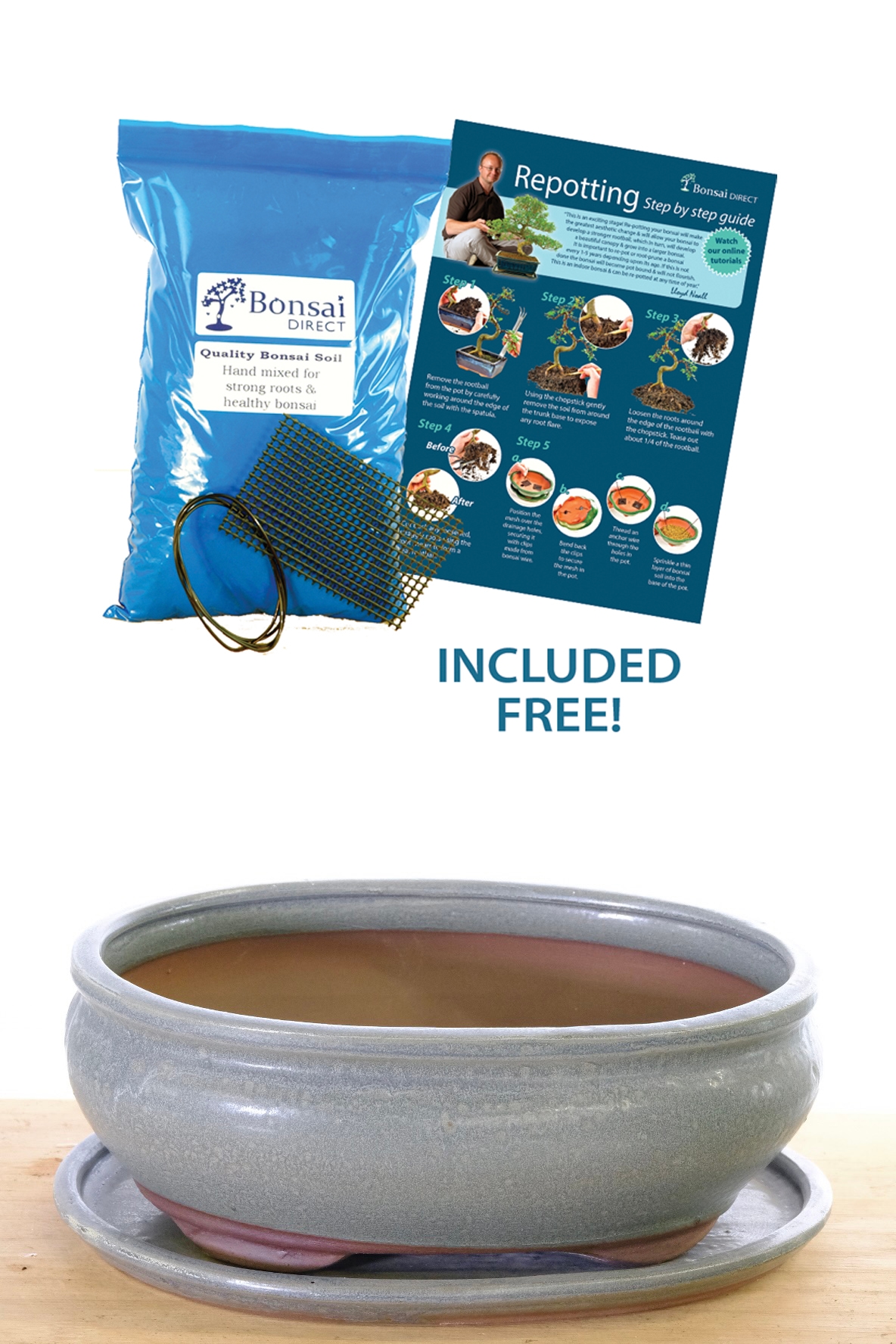 Oval Bonsai Pot & Tray | 26cm/10 inch Matte Slate Grey Glaze